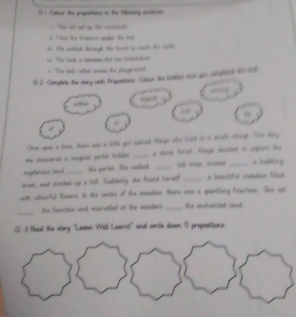 Q1. Colour the prepositions in the following | StudyX