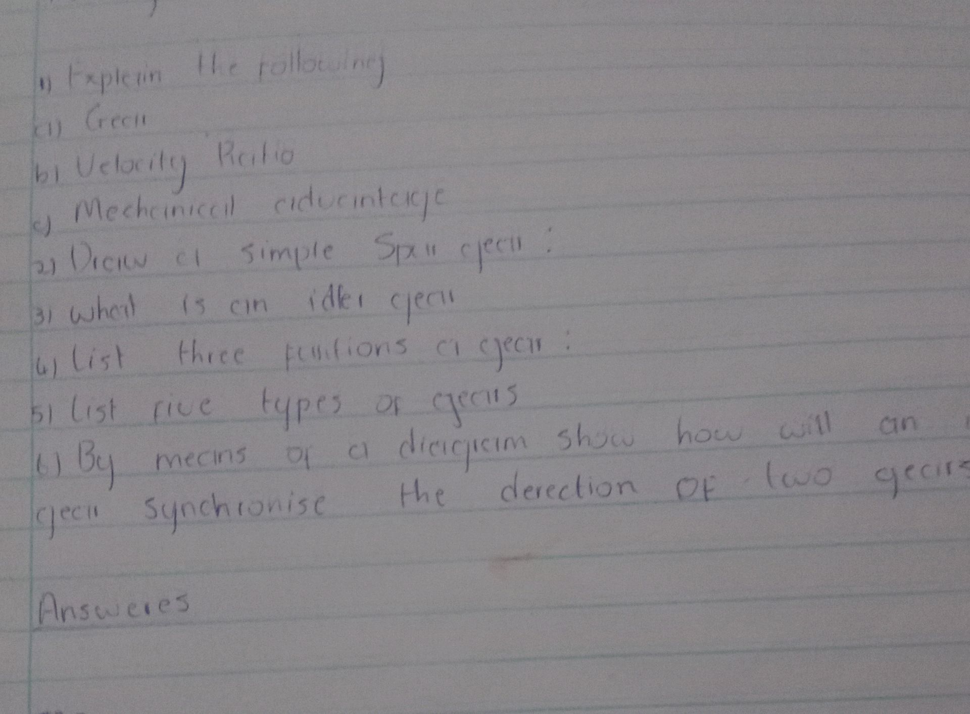 (1) Explain the following (a) Gear (b) | StudyX