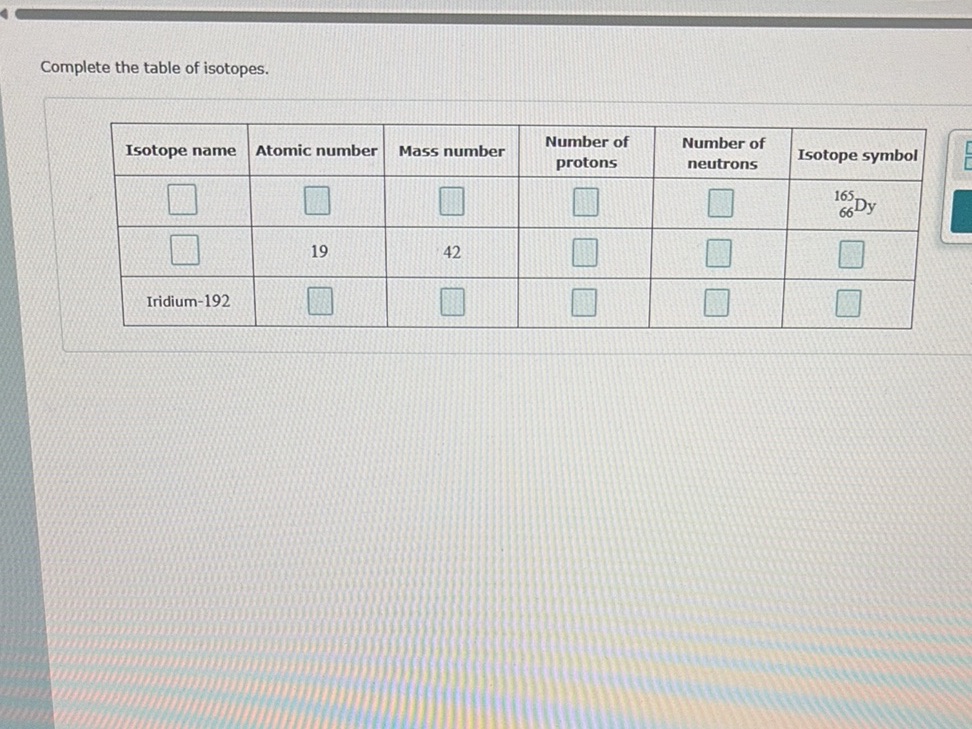 Complete the table of isotopes. | Isotope | StudyX