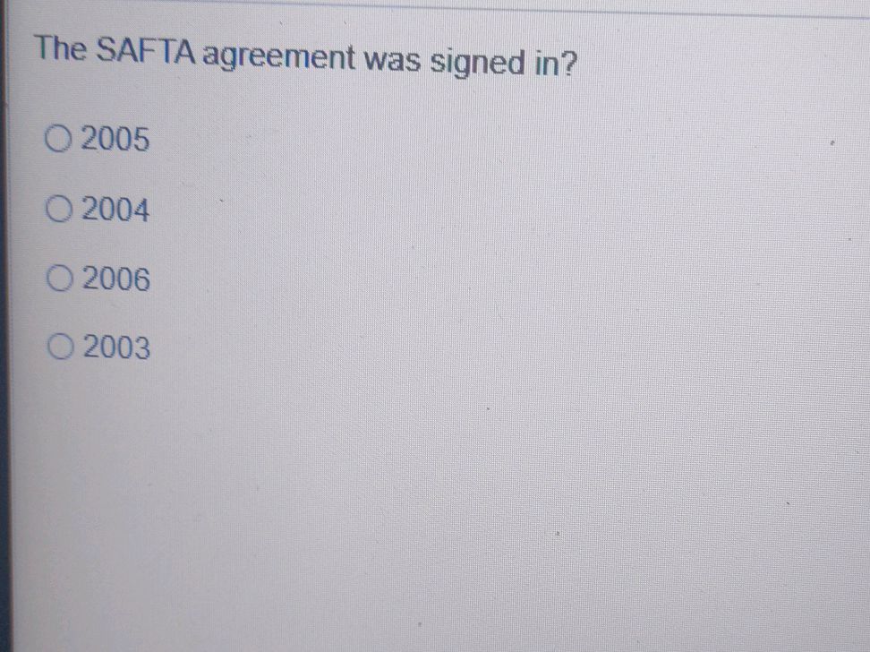 The SAFTA agreement was signed in? 2005 | StudyX