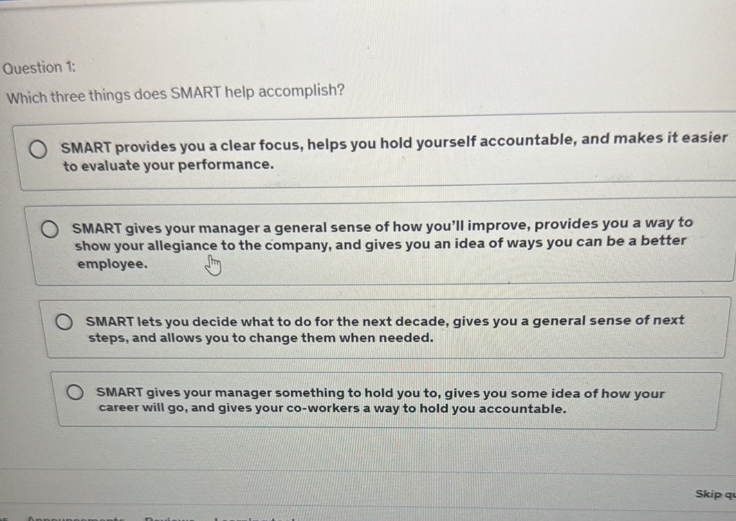 Question 1: Which three things does SMART | StudyX