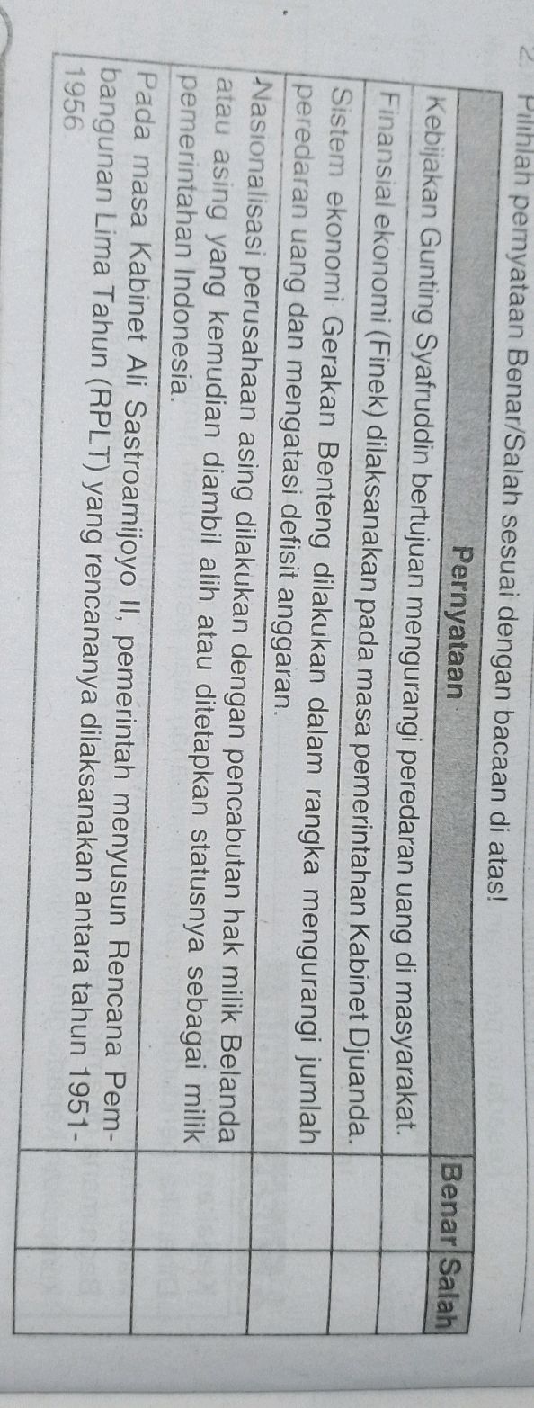 2. Pilihlah pernyataan Benar/Salah sesuai | StudyX