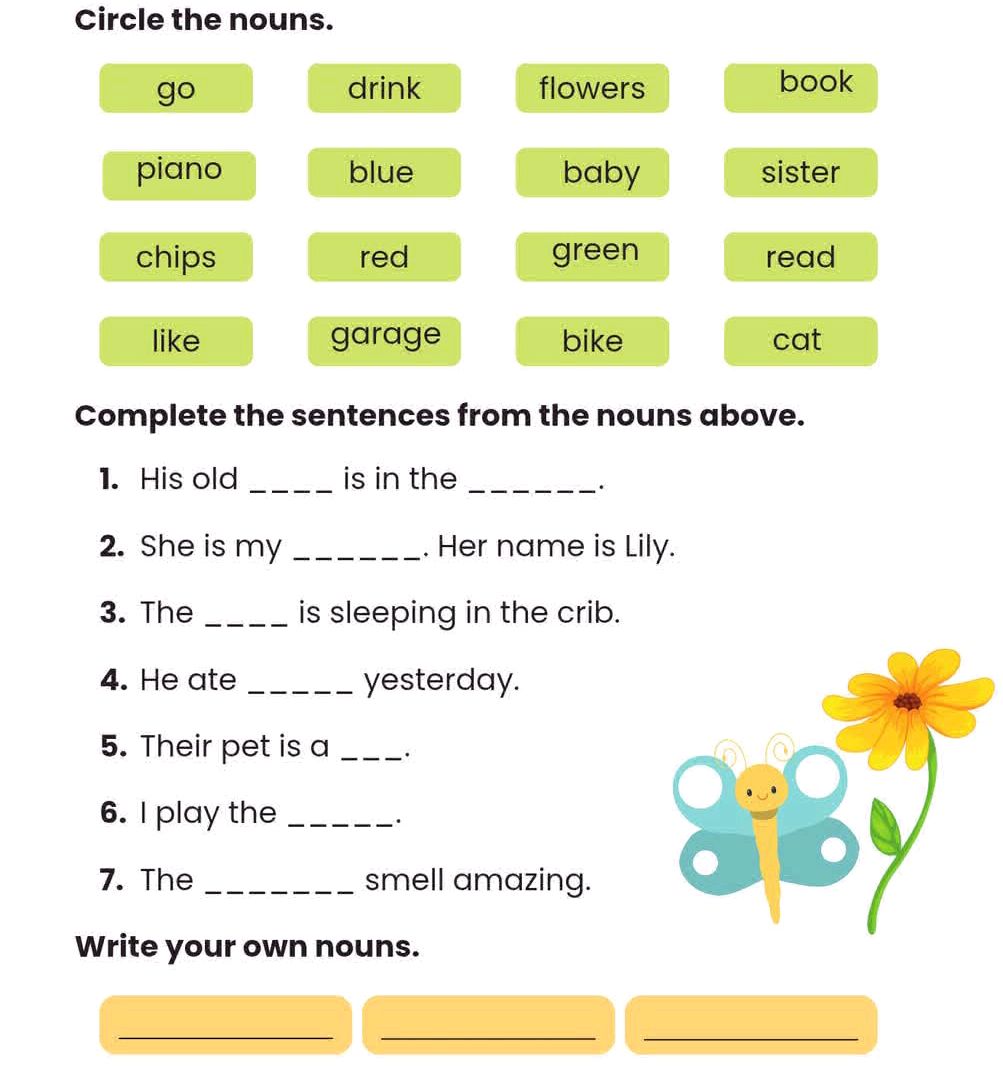 Circle the nouns. go drink flowers book | StudyX