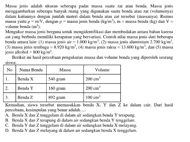 Massa jenis adalah ukuran seberapa padat | StudyX