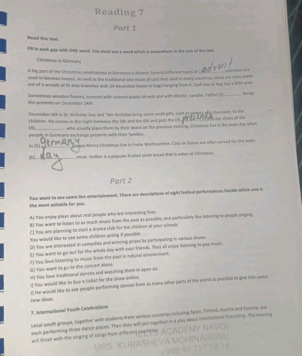 Reading 7 Part 1 Fill in each gap with ONE | StudyX