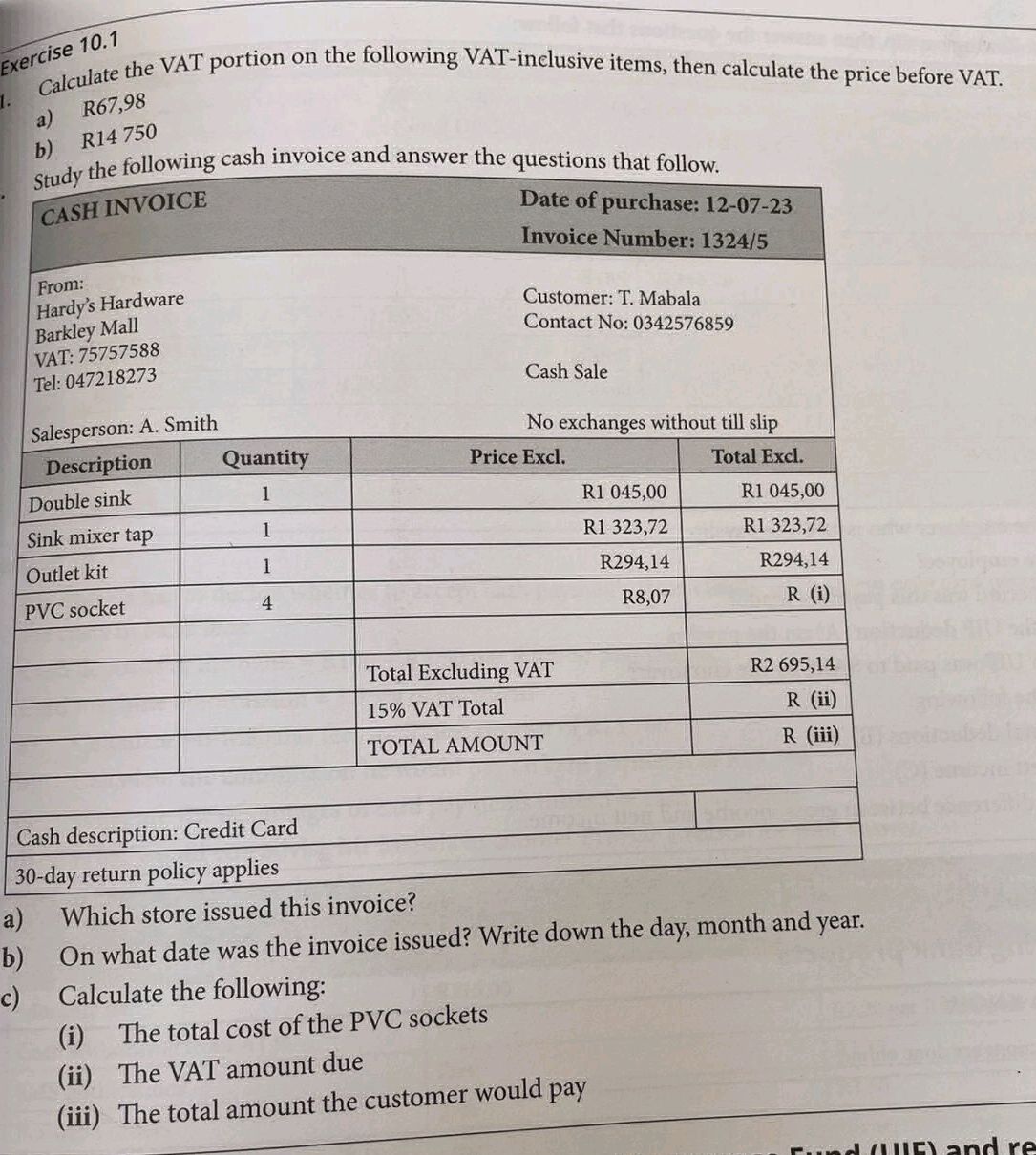 1. Calculate the VAT portion on the | StudyX