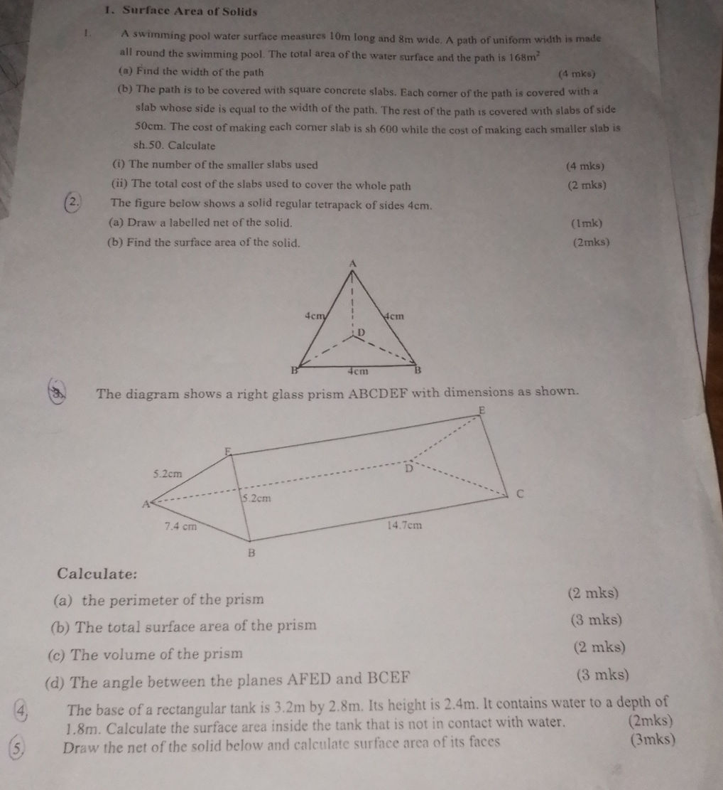 1. Surface Area of Solids A swimming pool | StudyX