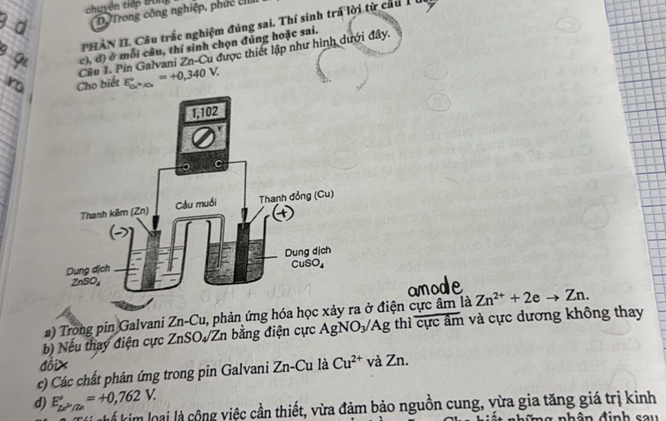 Câu 1. Pin Galvani Zn-Cu được thiết lập như | StudyX