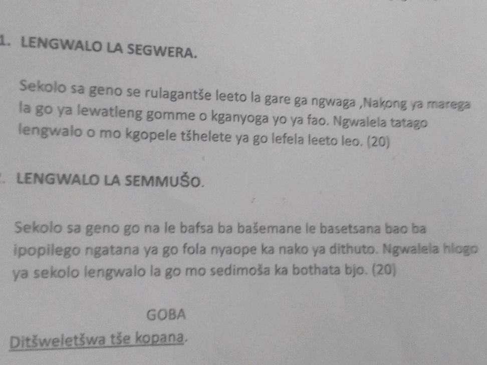 1. LENGWALO LA SEGWERA. Sekolo sa geno se | StudyX