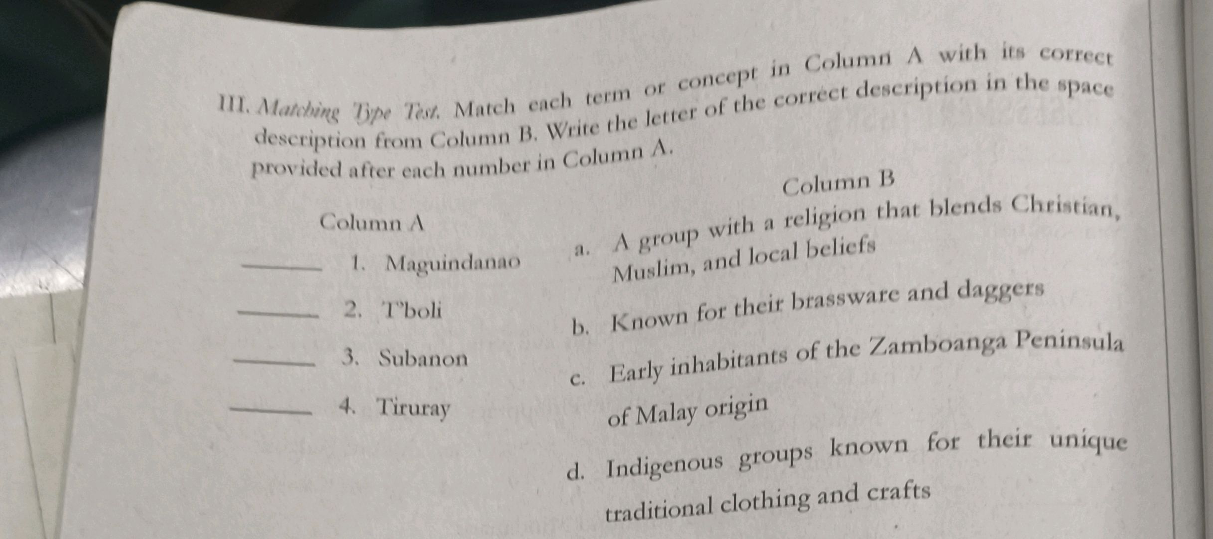III. Matching Type Test. Match each term or | StudyX