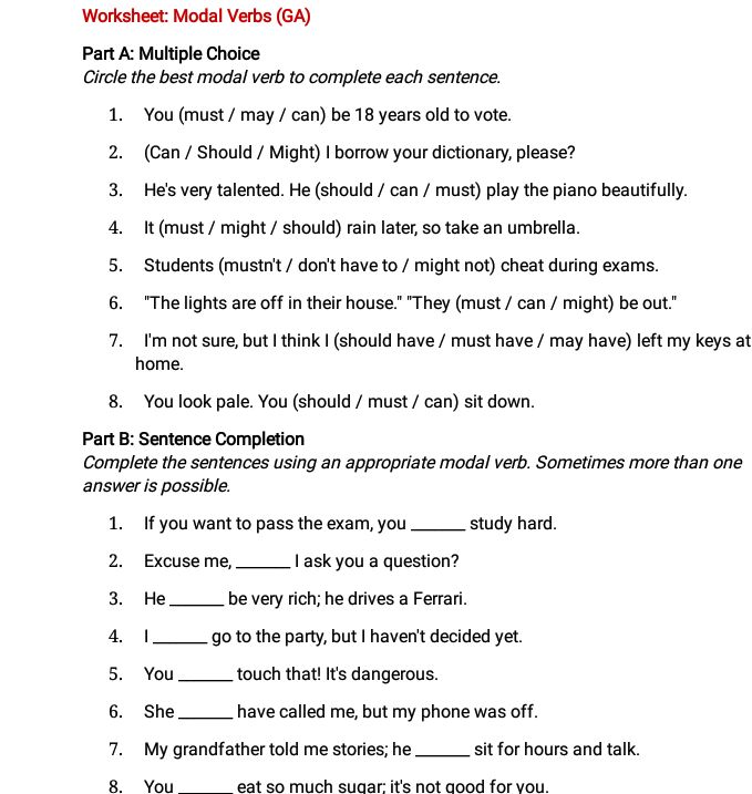Worksheet: Modal Verbs (GA) Part A: | StudyX