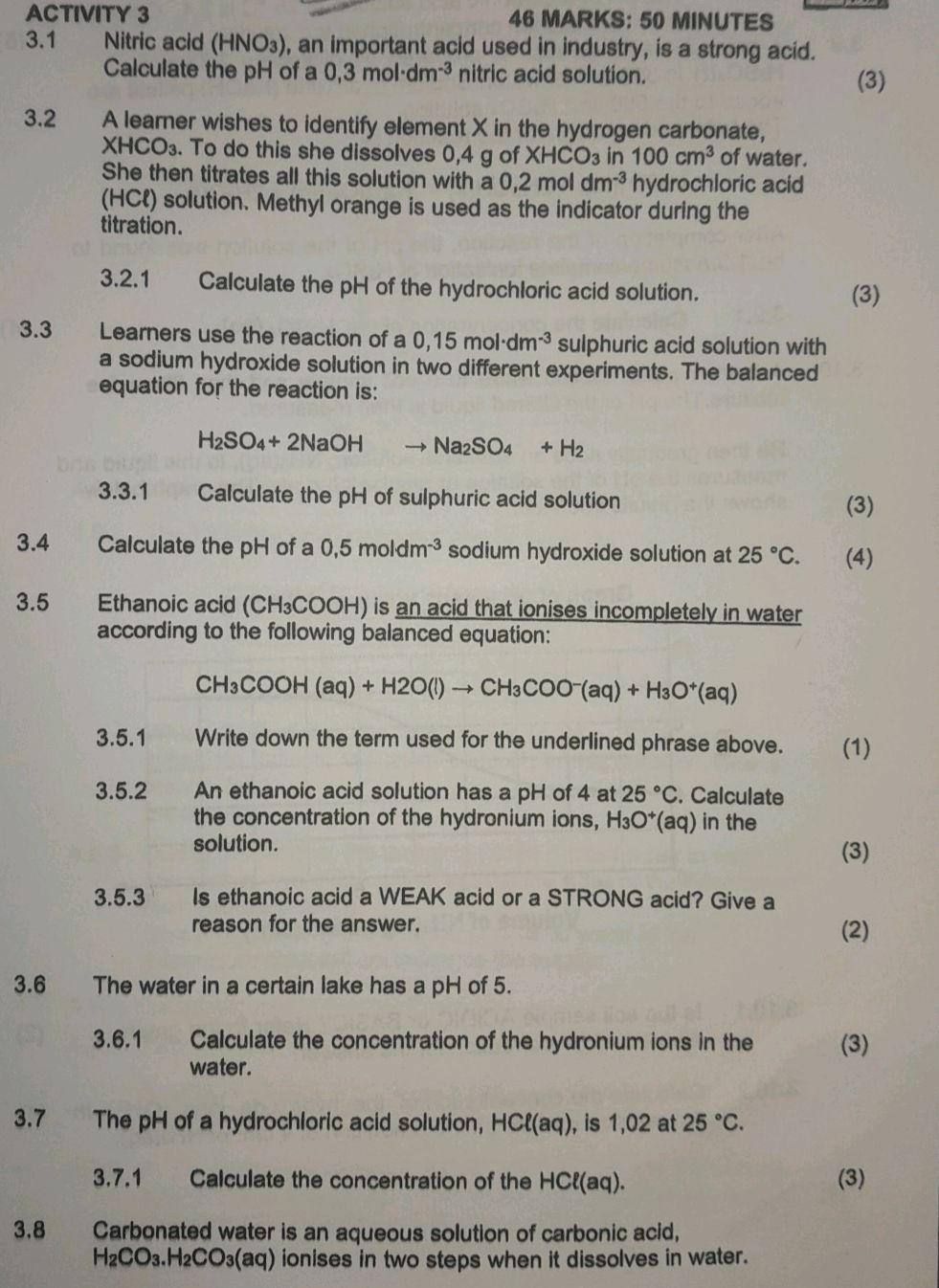3.1 Calculate the pH of a 0,3 mol·dm⁻³ | StudyX