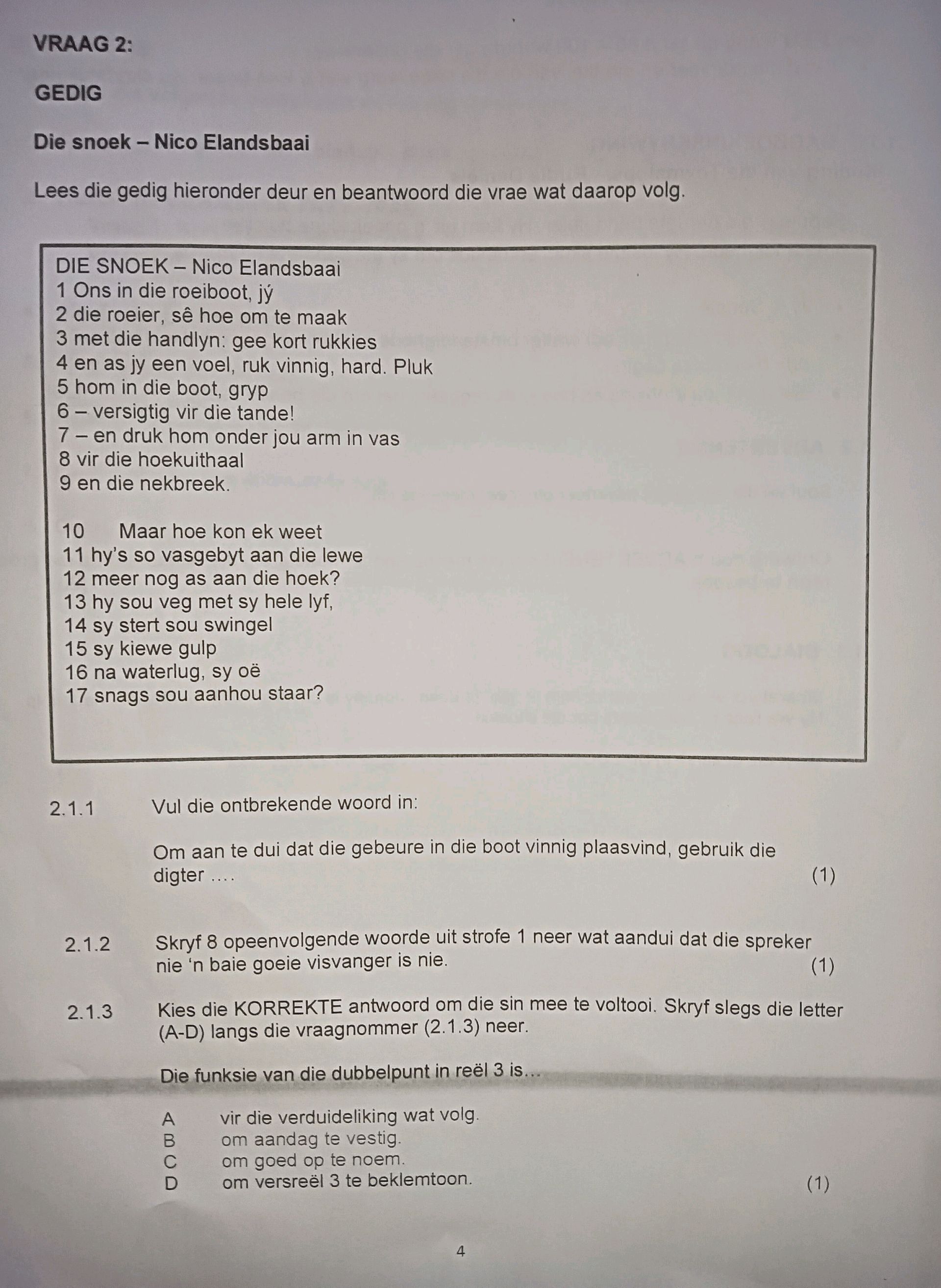VRAAG 2: GEDIG Die snoek - Nico Elandsbaai | StudyX