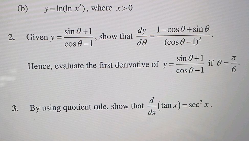 (b) $y = ln(ln x^2)$, where $x > 0$ 2. | StudyX