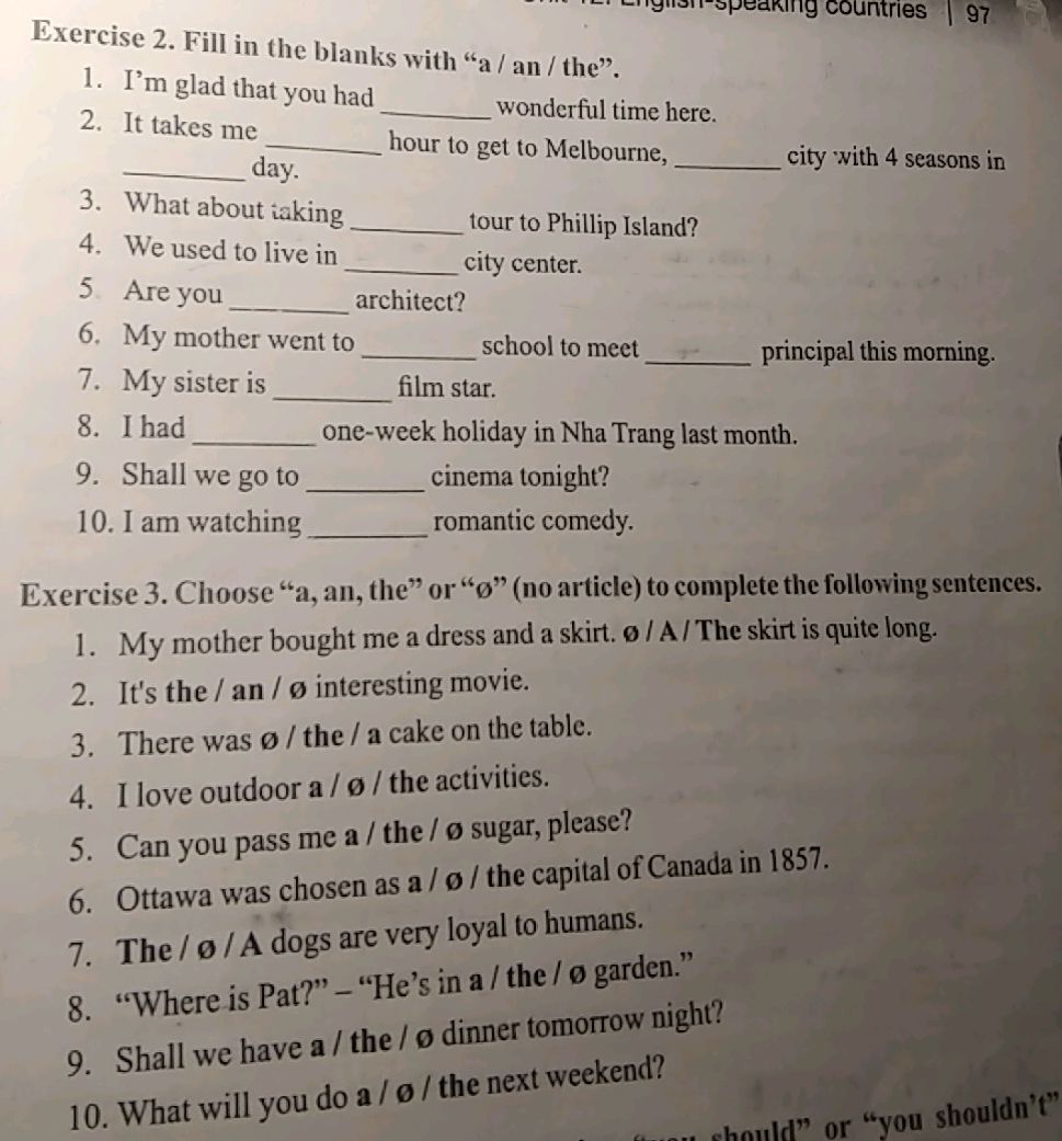 Exercise 2. Fill in the blanks with "a / an | StudyX