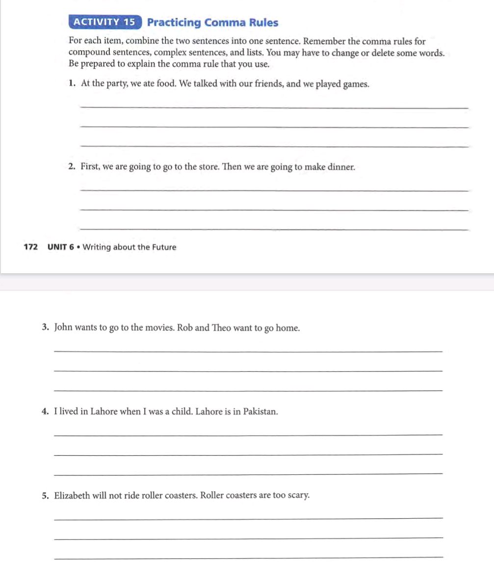 ACTIVITY 15 Practicing Comma Rules For each | StudyX