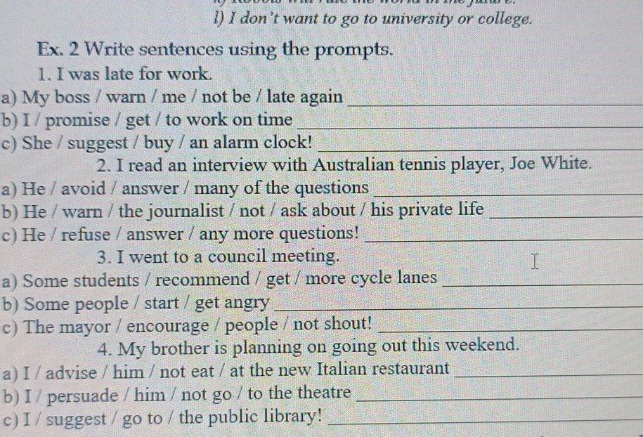 Ex. 2 Write sentences using the prompts. 1. | StudyX