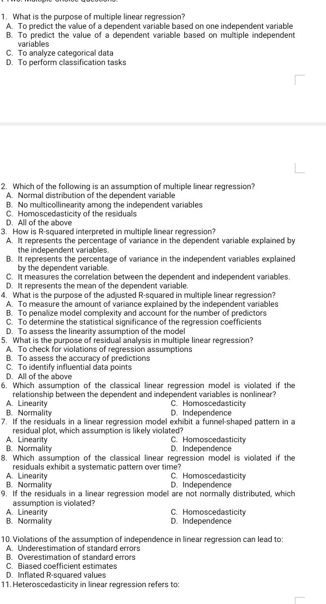 1. What is the purpose of multiple linear | StudyX
