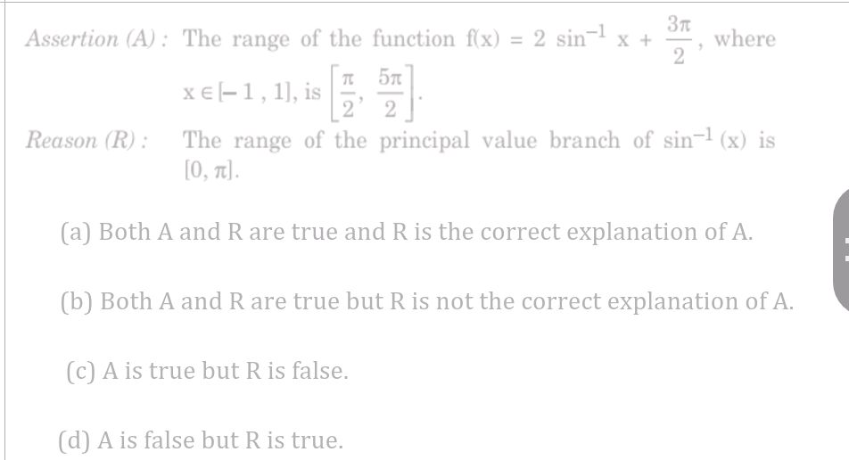 Assertion (A): The range of the function | StudyX