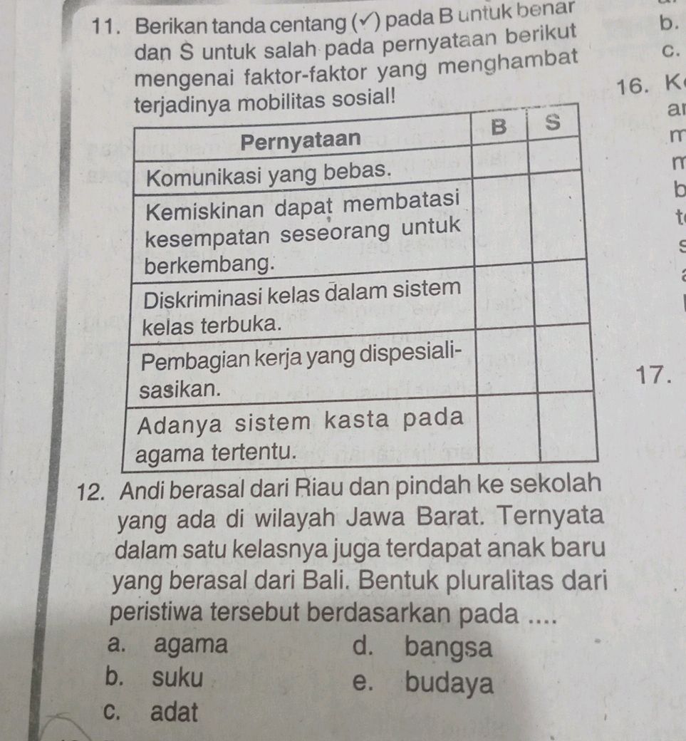 11. Berikan tanda centang ( ) pada B untuk | StudyX