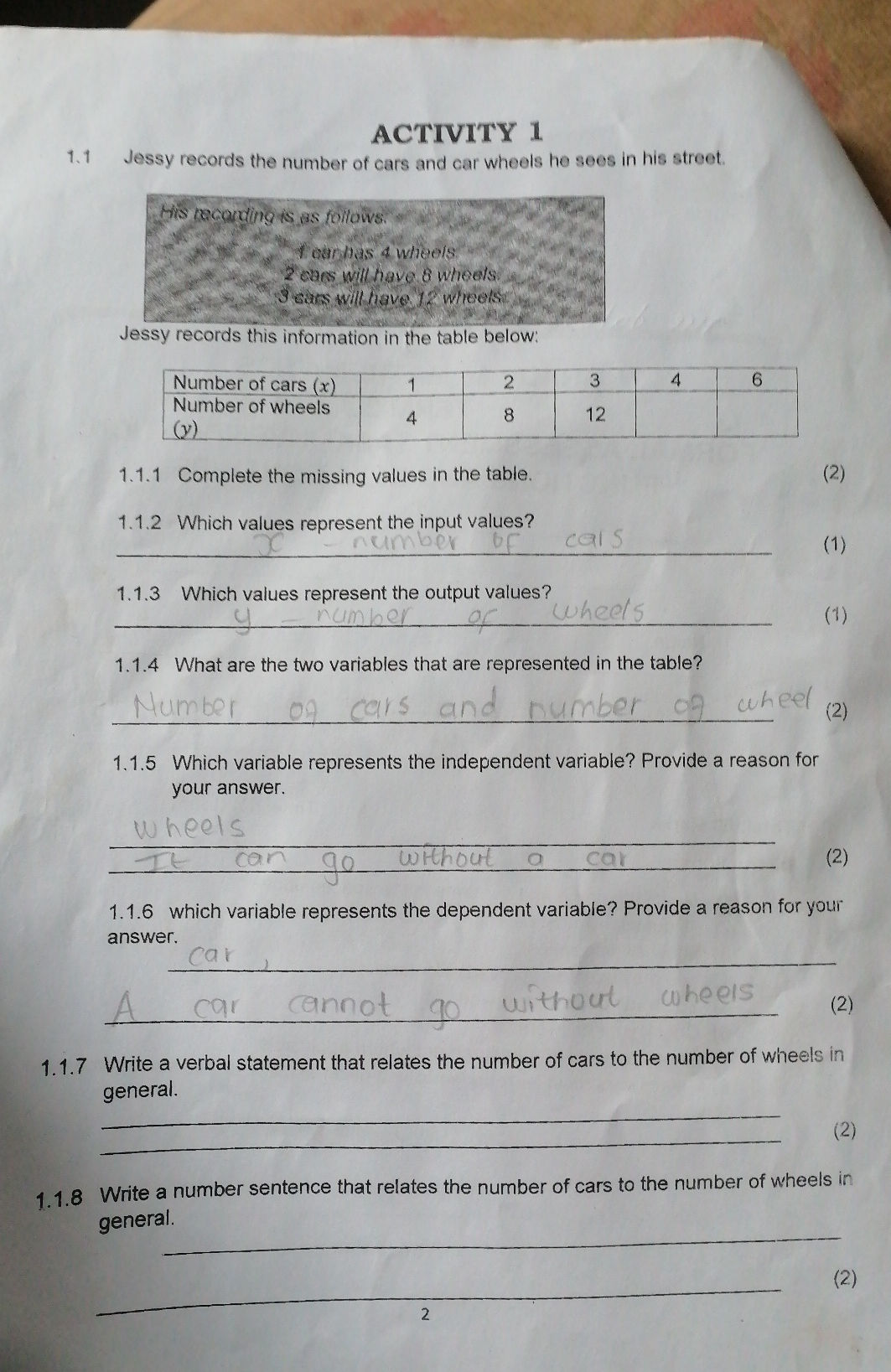 1.1 Jessy records the number of cars and car | StudyX