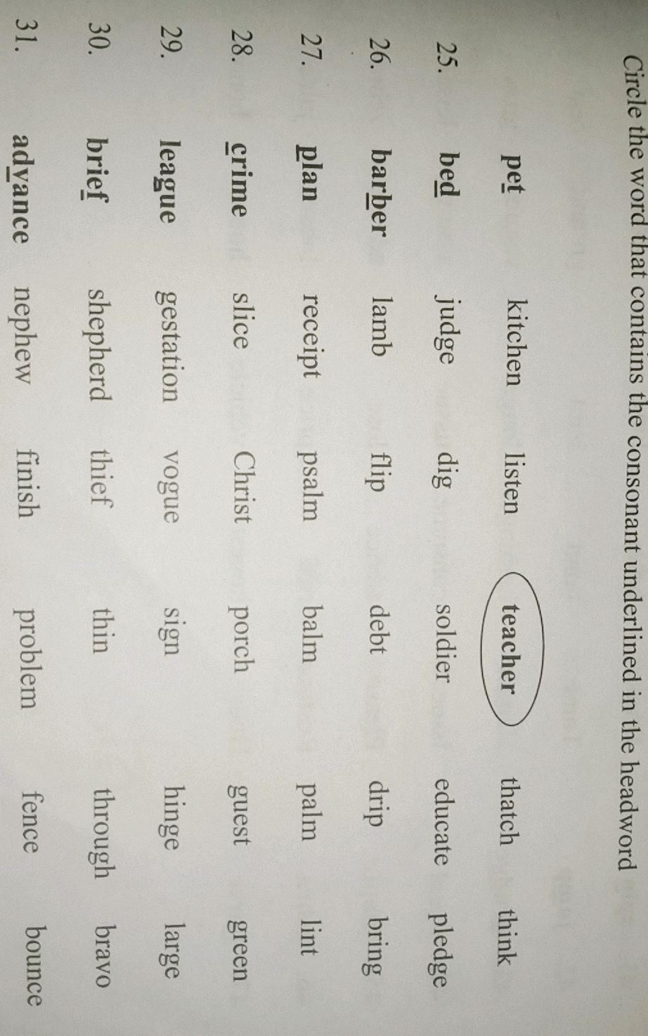 Circle the word that contains the consonant | StudyX