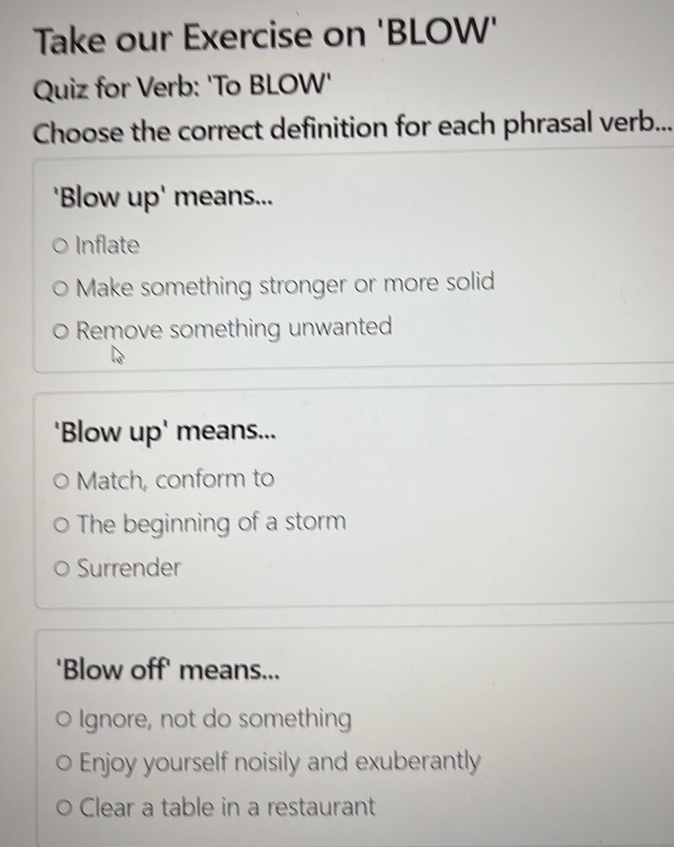 Take our Exercise on 'BLOW' Quiz for Verb: | StudyX