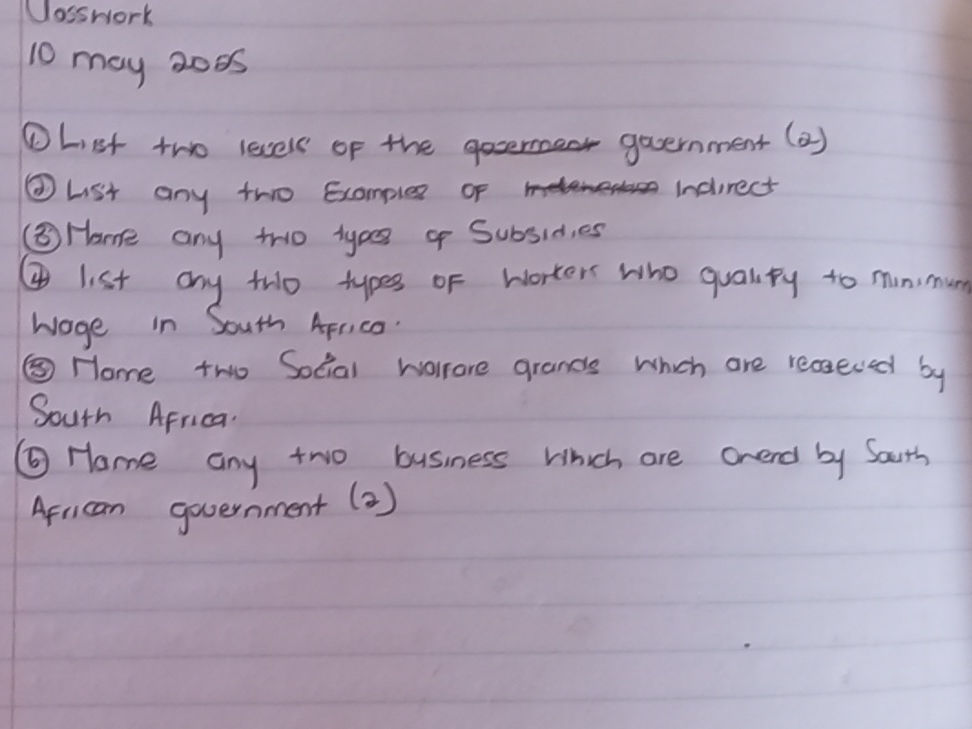 1. List two levels of the government. 2. | StudyX