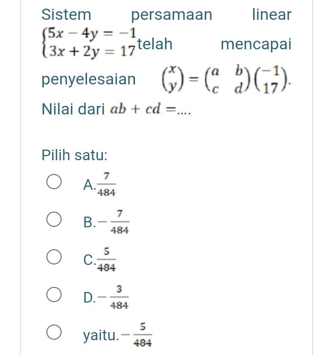 Sistem persamaan linear $\ 5x - 4y = -1 \ | StudyX