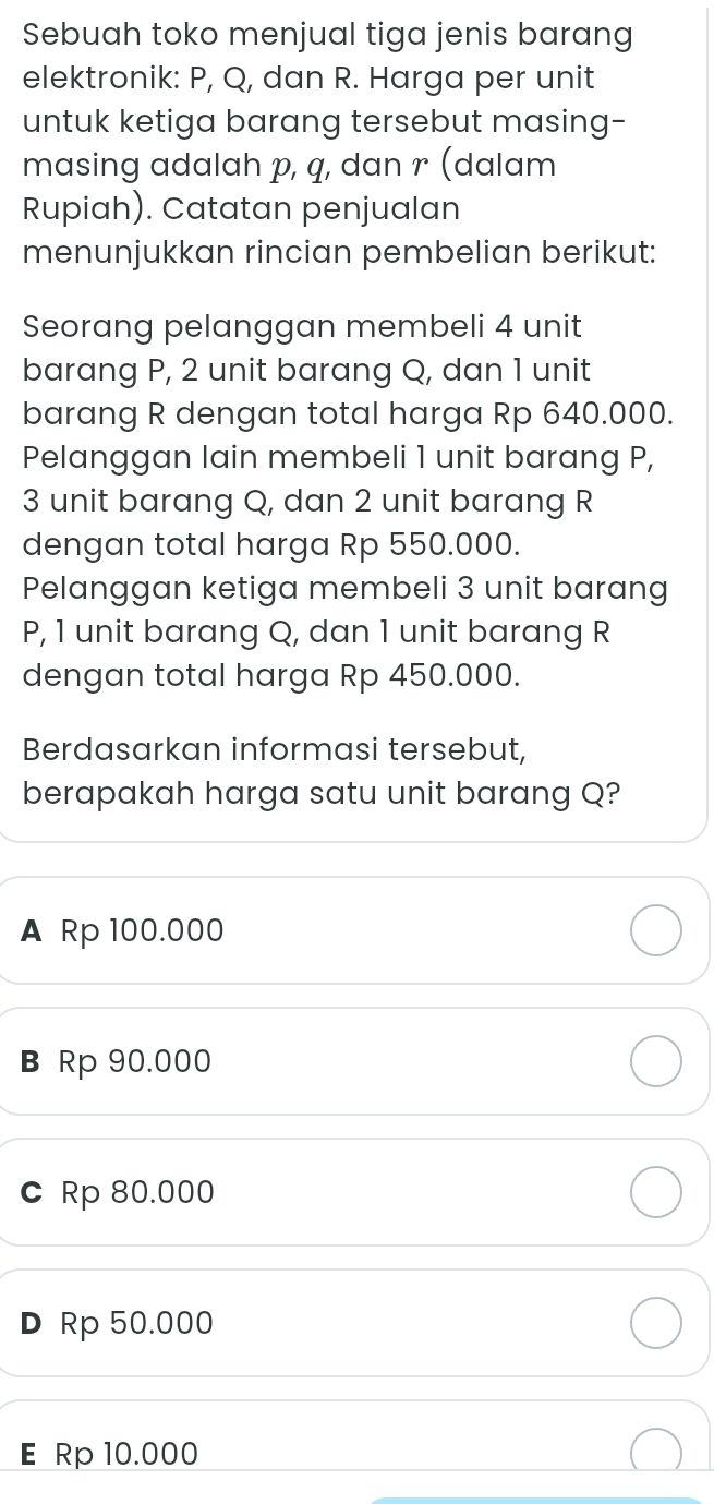 Sebuah toko menjual tiga jenis barang | StudyX