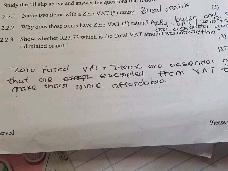 2.2.1 Name two items with a Zero VAT (*) | StudyX