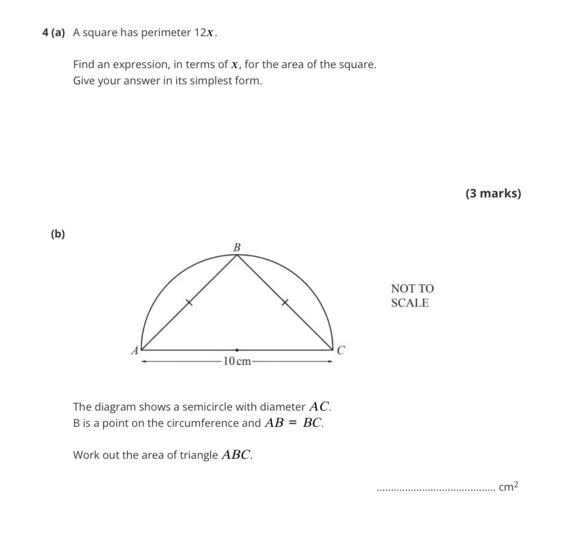 4 (a) A square has perimeter 12x. Find an | StudyX