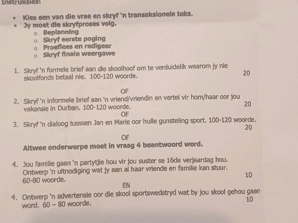 Instruksies: Kies een van die vrae en skryf | StudyX