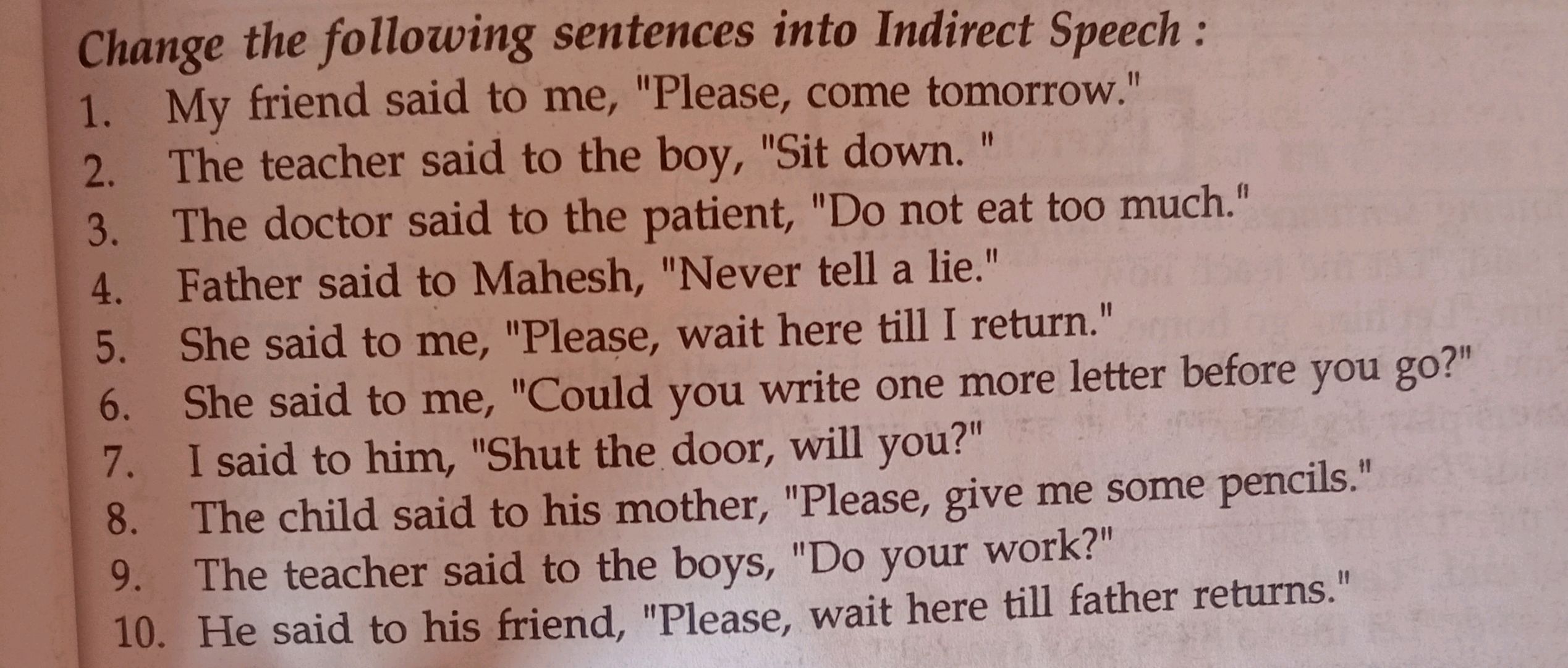 Change the following sentences into Indirect | StudyX