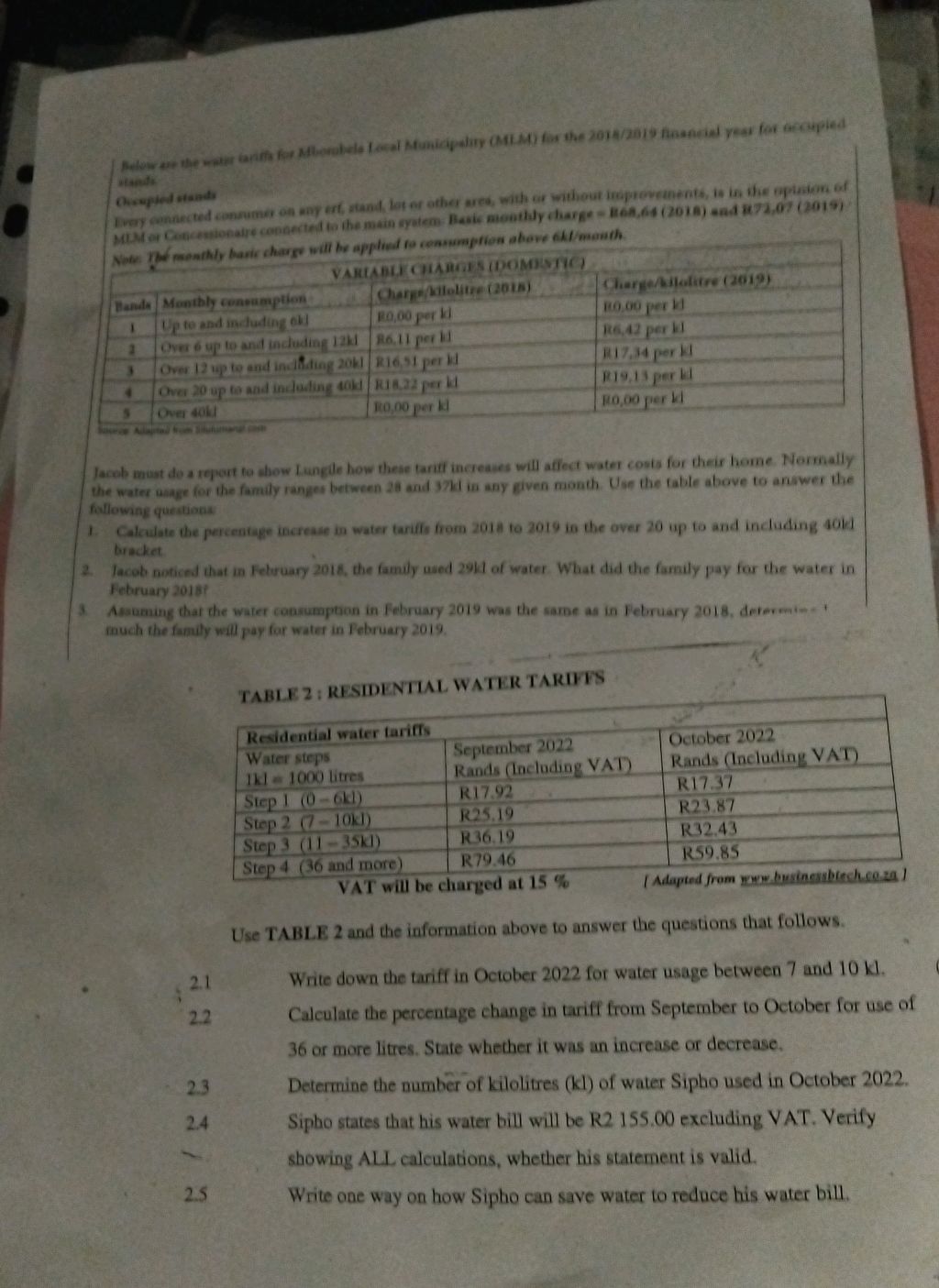 Below are the water tariffs for Mhlonhlo | StudyX