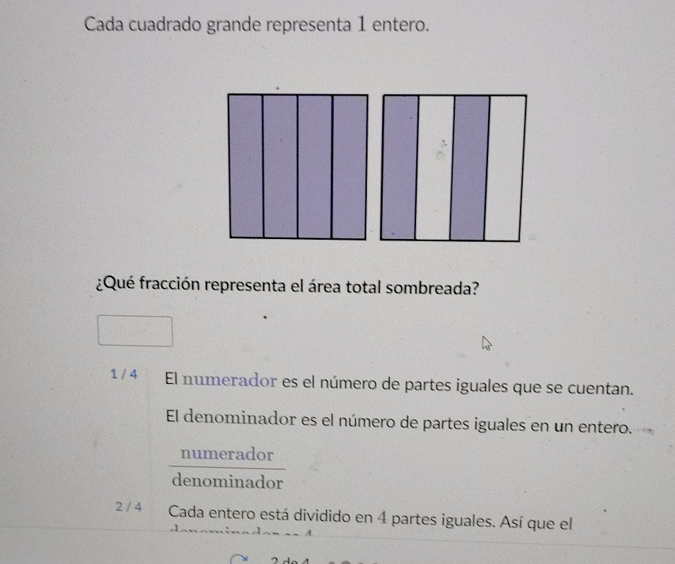 Cada cuadrado grande representa 1 entero. | StudyX