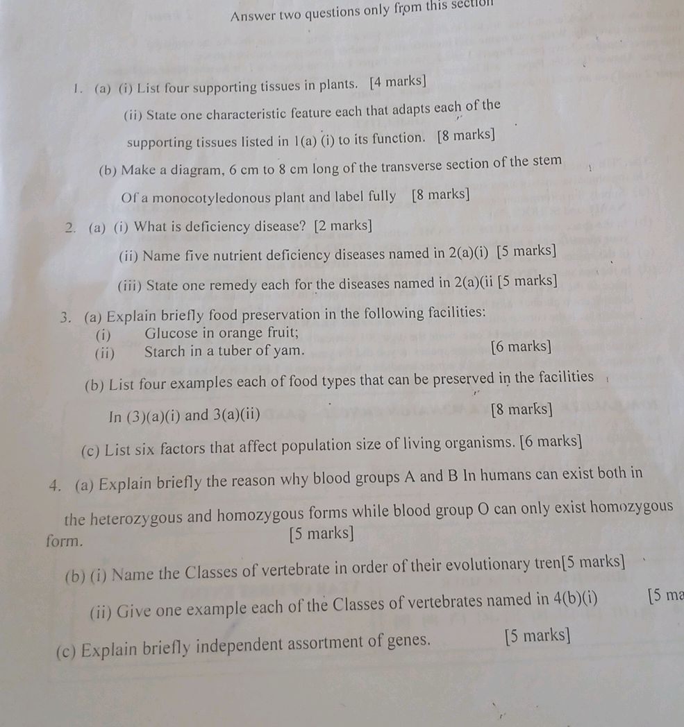1. (a) (i) List four supporting tissues in | StudyX