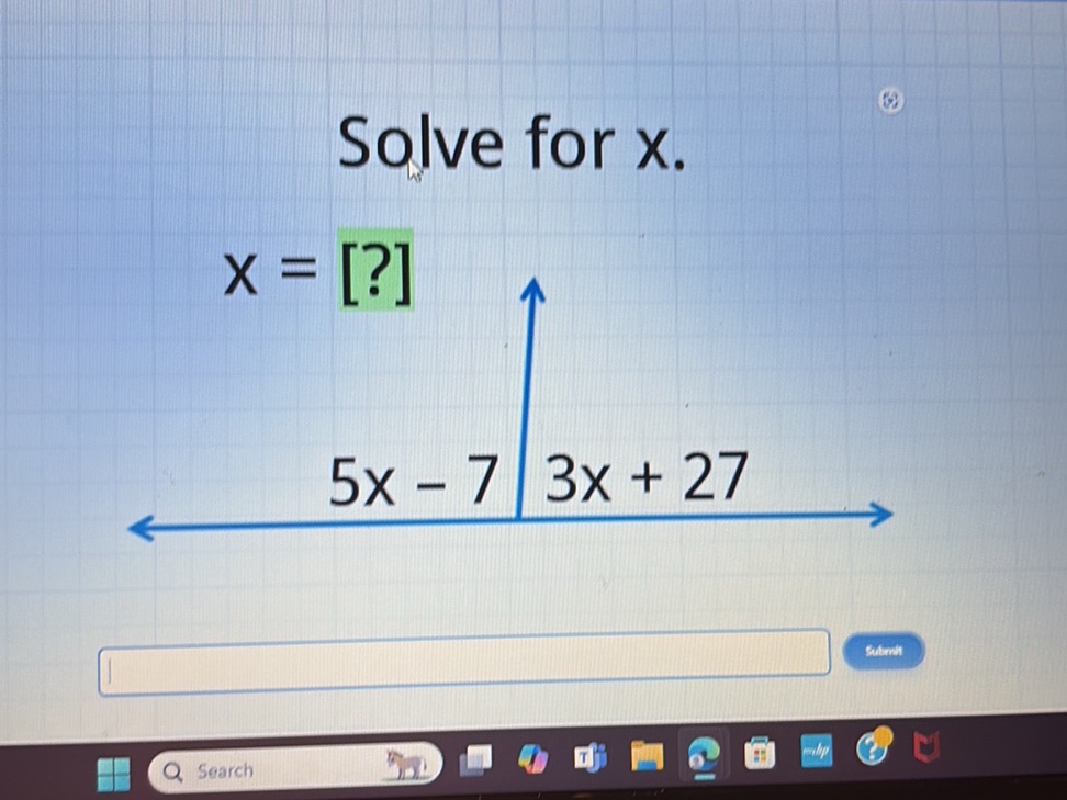 Solve for x. $x = [?]$ $5x - 7$ $3x + 27$ | StudyX