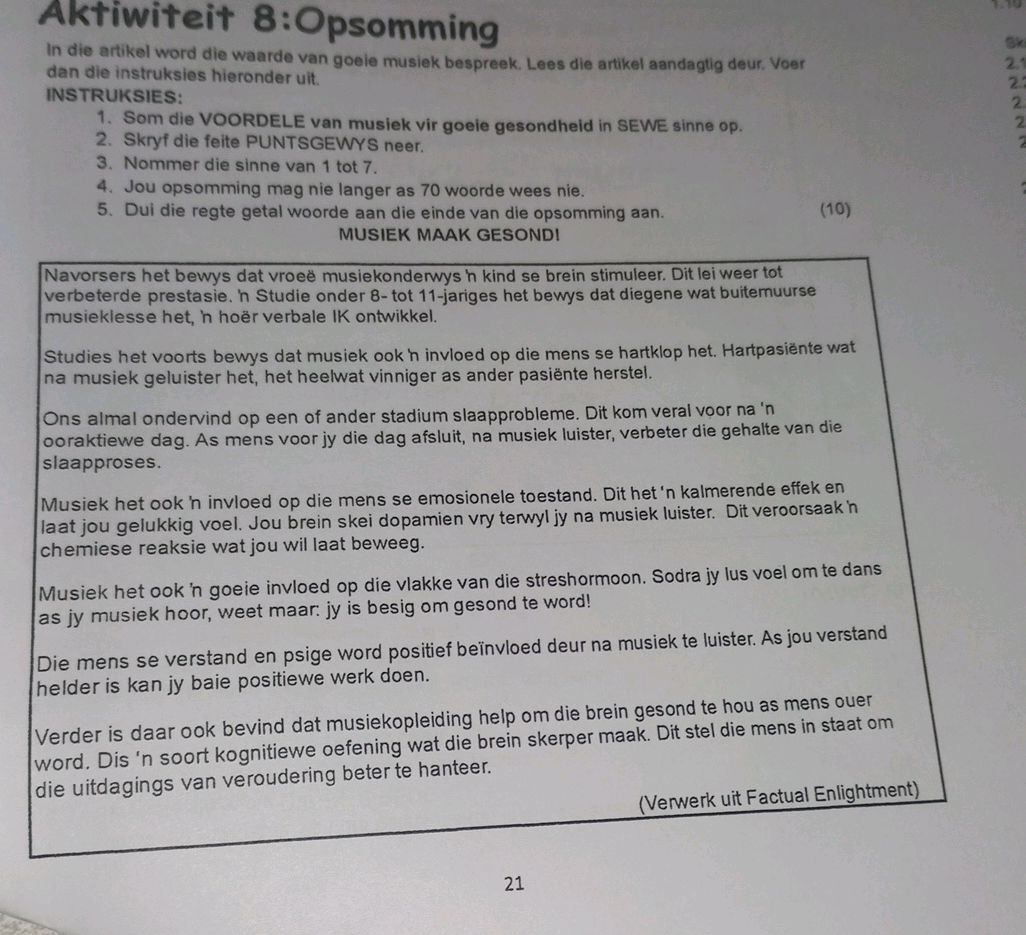 Instruksies: 1. Som die VOORDELE van musiek | StudyX