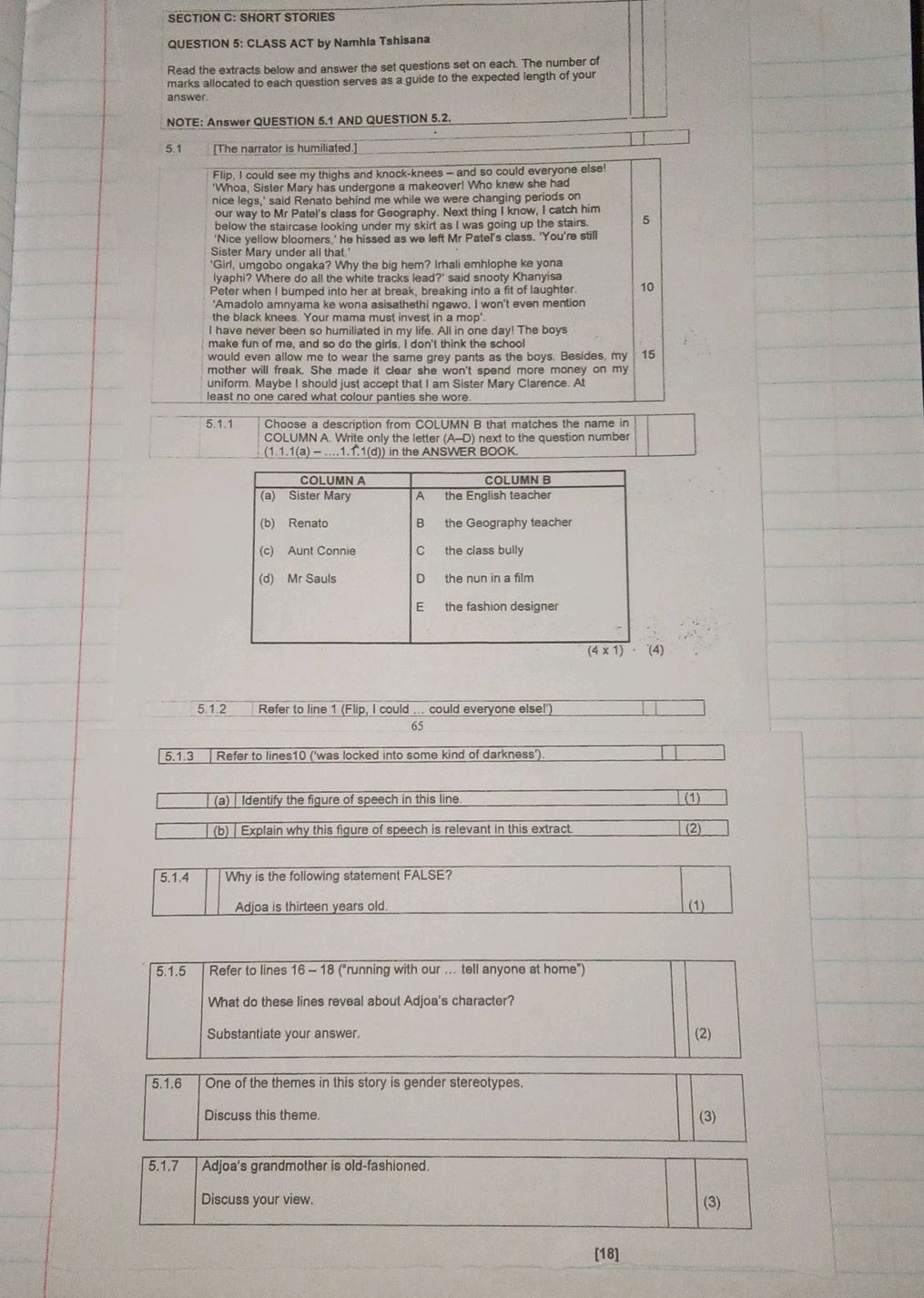 SECTION C: SHORT STORIES QUESTION 5: CLASS | StudyX