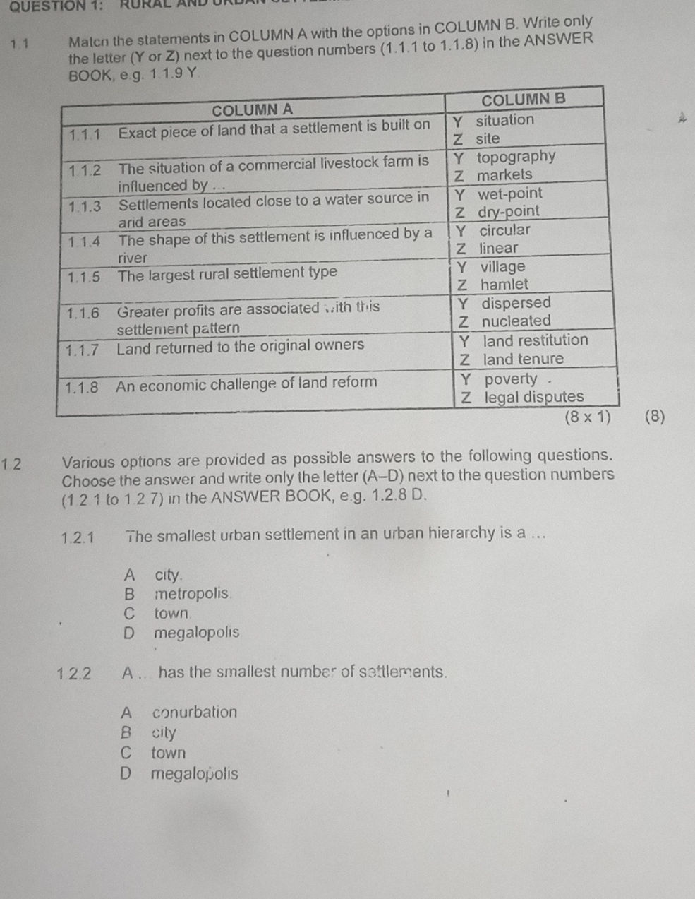 QUESTION 1: RURAL AND URBAN SETTLEMENTS 1.1 | StudyX