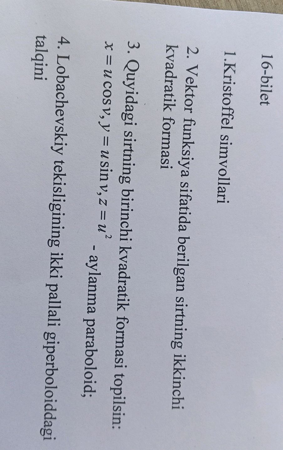3. Quyidagi sirtning birinchi kvadratik | StudyX