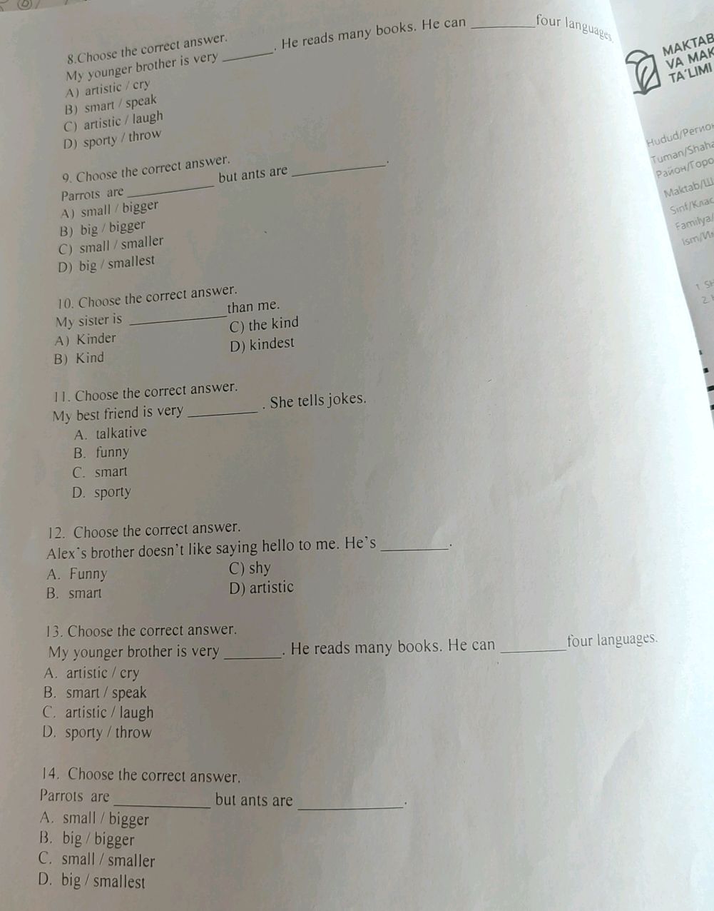 8. Choose the correct answer. My younger | StudyX