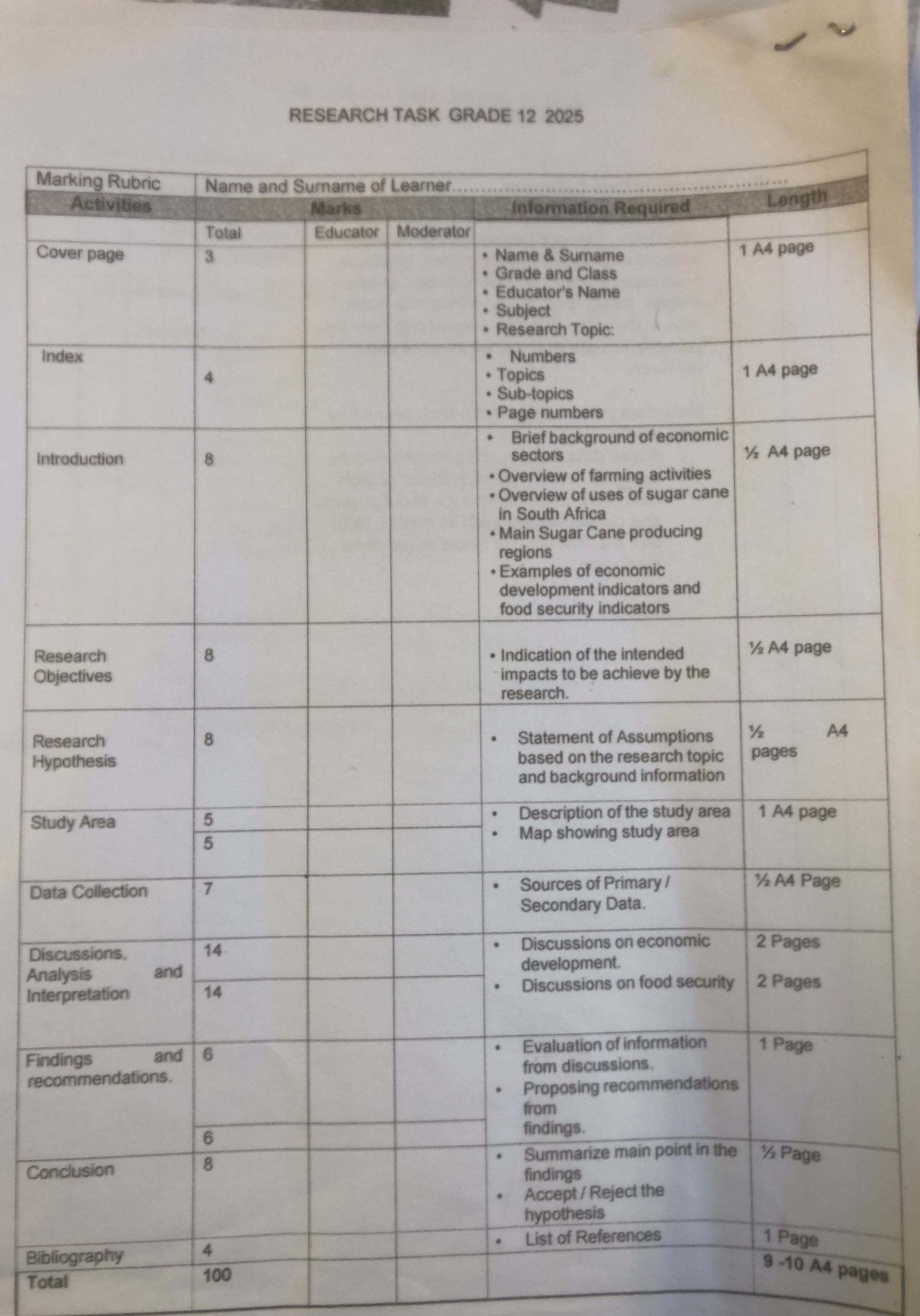 RESEARCH TASK GRADE 12 2025 | Marking | StudyX