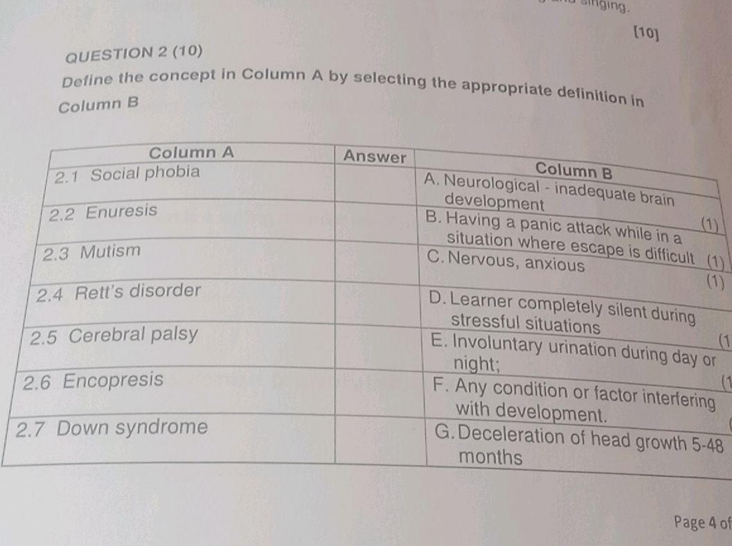 QUESTION 2 (10) Define the concept in Column | StudyX