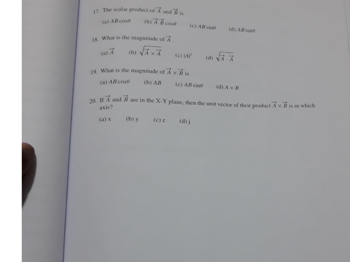 17. The scalar product of ${A}$ and ${B}$ is | StudyX