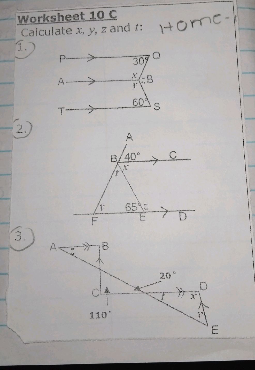Worksheet 10 C Calculate x, y, z and t: 1. | StudyX