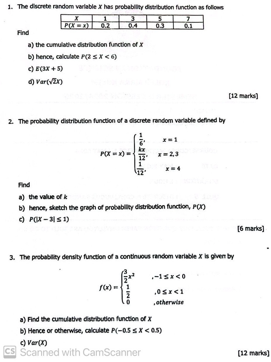 1. The discrete random variable $X$ has | StudyX