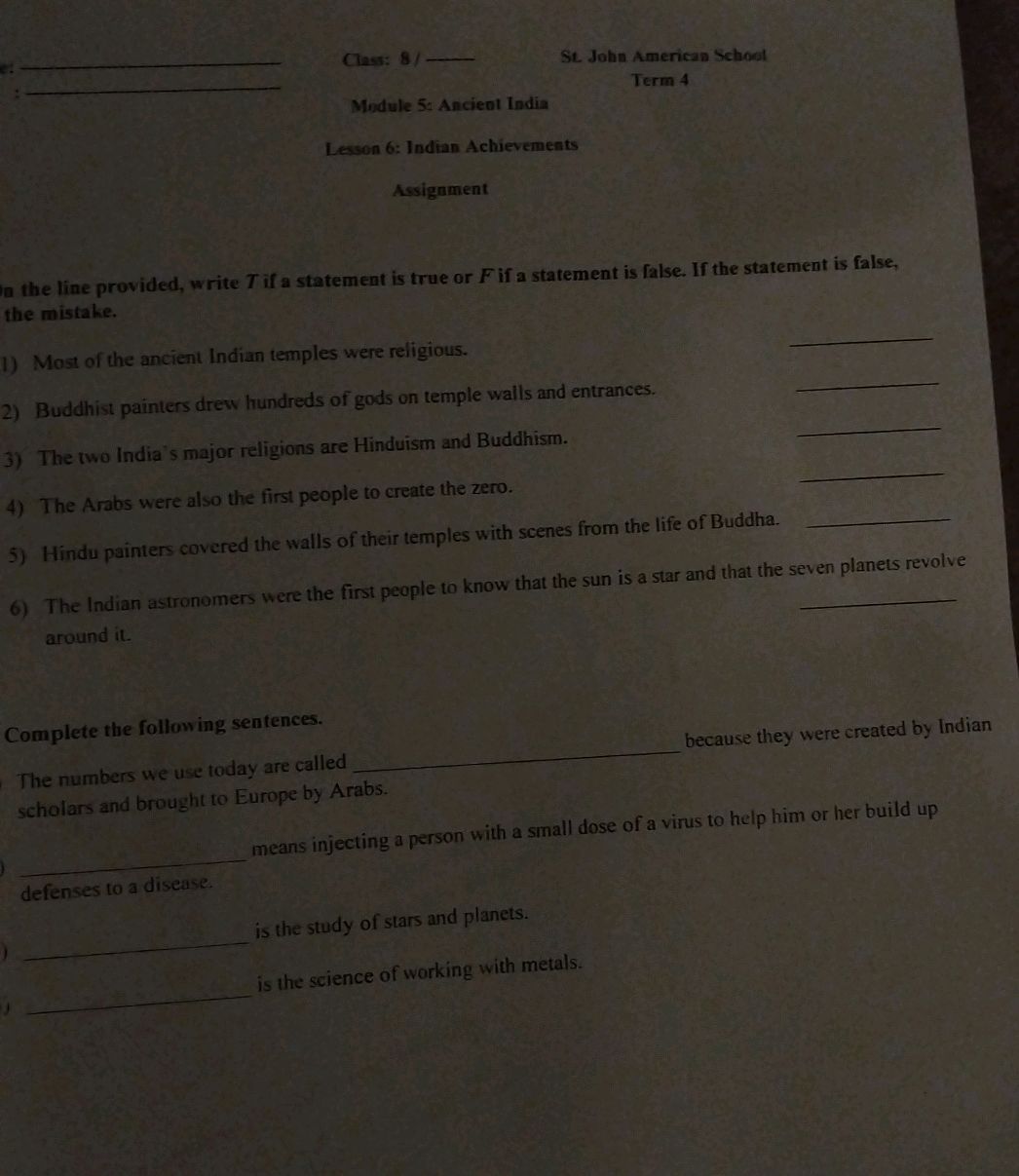 In the line provided, write T if a statement | StudyX