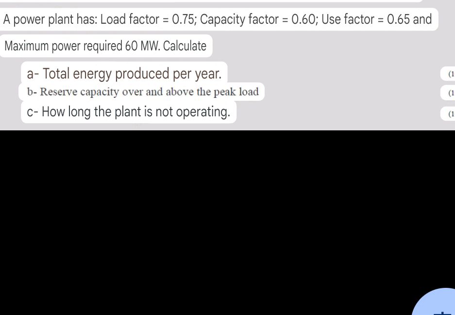 A power plant has: Load factor = 0.75; | StudyX